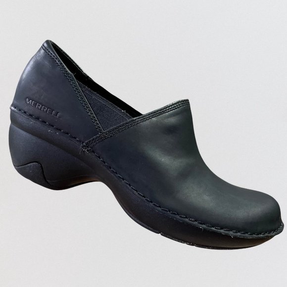 Merrell | Shoes | Merrell Emma Black Nubuck Leather Slip On Clog Loafer ...